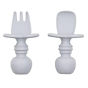 Bumkins Utensils, Silicone Chewtensils, Baby Fork and Spoon Set, Training Utensils, Baby Led Weaning Stage 1 for Ages 6 Months+ in Gray 2 Count (Pack of 1)