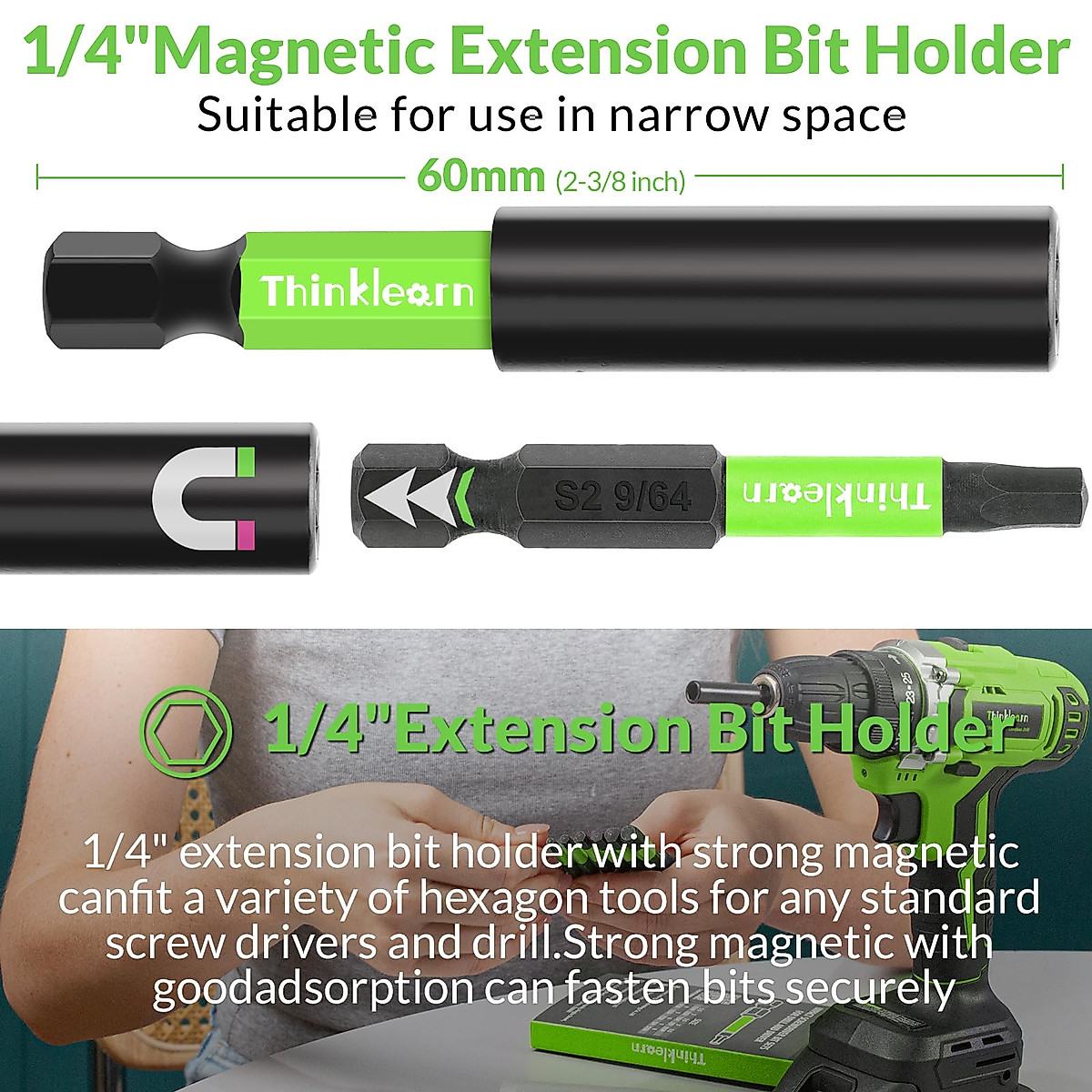 Impact Hex Head Allen Wrench Drill Bit Set 20+1pcs (Metric&SAE), 1/4” Hex-Shank S2 Steel Hex Bits Set with Quick-Change Adapter, Perfect for Home DIY-Father's Day Gift, CNC Magnetic Tips