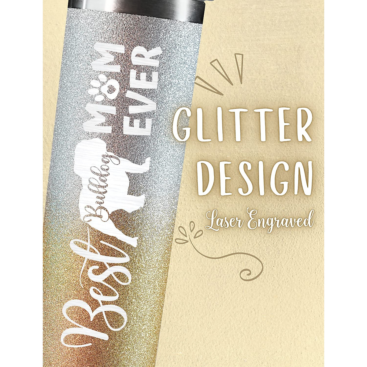 Onebttl English Bulldog Gifts for Women, British Bulldog Lovers, 20 oz Glitter Silver-Gold Insulated Tumbler - Best English Bulldog Mom Ever