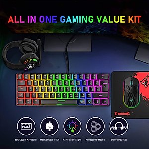 Mechanical Gaming Keyboard and Mouse Mini Wired Combo with RGB Headset Rainbow Backlight Ergonomic 62Key Anti-Ghosting Adjustable Mic 6400DPI Mice USB-C for PC Gamer Computer Typist(Black/Red Switch)