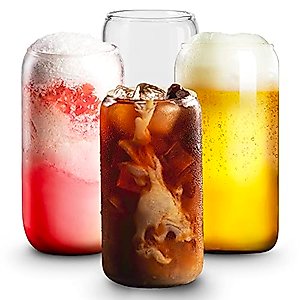 Combler Beer Can Glass Set of 4, 16 oz Can Shaped Glass Cups, Iced Coffee Cup, Iced Coffee Glasses, Drinking Glasses, Beer Glasses, Glass Tumbler for Smoothie, Whiskey, Cocktail, Soda, Boba Tea, Gift