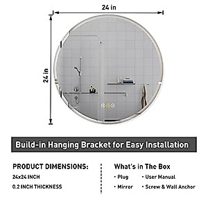 HBEZON 24 Inch Round LED Vanity Mirror with Back-Light, Anti-Fog, Brightness Memory Function, Shatter-Proof, Wall Mounted Mirror with Adjustable 3 Colors