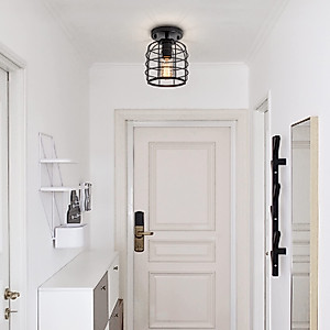 Industrial Black Semi Flush Mount Ceiling Light, Farmhouse Mini Cage Ceiling Lighting Fixture, Vintage Caged Ceiling Lamp for Entryway, Kitchen, Bedroom, Laundry Room, Hallway, Dining Room