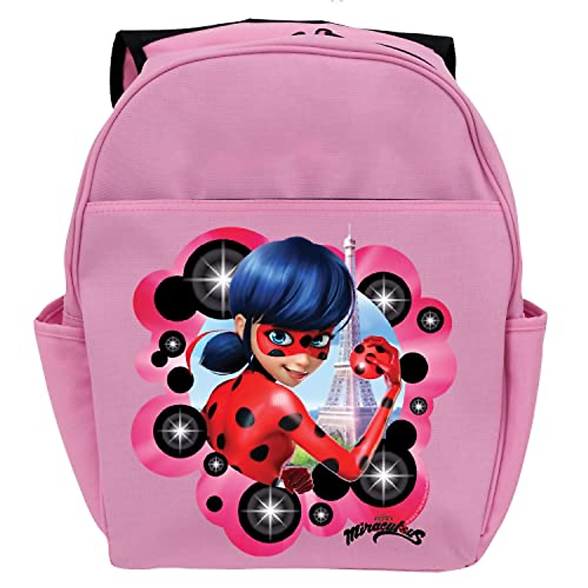 Miraculous Ladybug Personalized Backpack with Custom Name Printed on Pink Book Bag | Zippered Compartments and Side Water Bottle Pockets | Youth Size School Bag