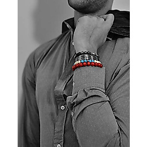 Gehna Natural Red Coral 10mm Round Shape Smooth Beaded 7.5 inch Stretchable Bracelet for Men/Women with Silver Plated Metal Beads.