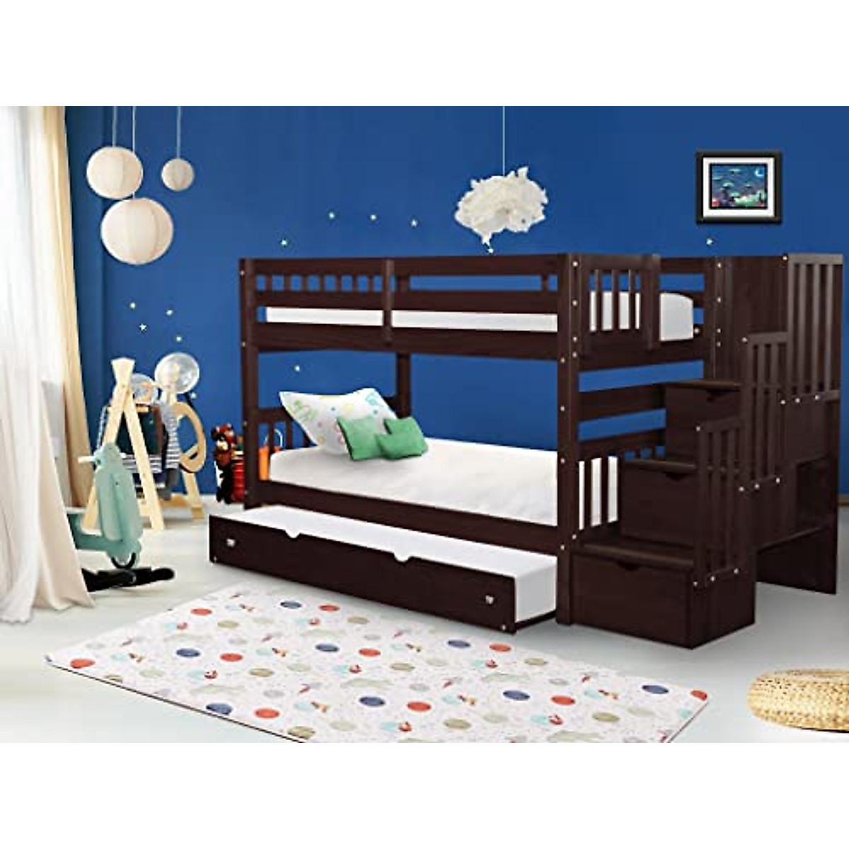 Bedz King Stairway Bunk Beds Twin over Twin with 3 Drawers in the Steps and a Twin Trundle, Dark Cherry