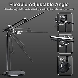 LED Desk Lamp with Wireless Charger, USB Charging Port, Touch Control, 5 Color Modes, 5 Brightness Level, Eye-Caring Desk Lamp for Study Reading, 1H Timer, Home Office Table Lamp