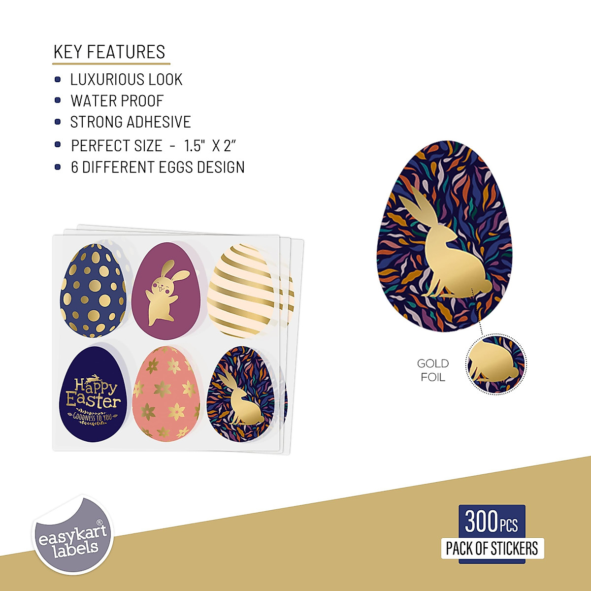 easykart labels 300 Easter Theme Egg Sticker Labels | 6 Different Eggs Design Stickers with Gold Foil | Perfect for Party Decorations and Craft - 1.5"x 2" Size in Sheets