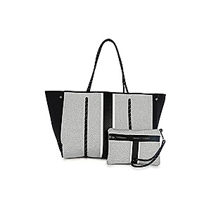 Haute Shore-Greyson Dash Neoprene Tote Bag w/Zipper Wristlet,Heather Marle W/White and Black Stripe