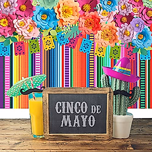 Ticuenicoa 7x5ft Mexican Fiesta Backdrop Photobooth Flowers Fiesta Background Drop Cinco De Mayo Backdrop for Pictures Floral Stripes Flags Birthday Party Mexican Party Decorations Photo Booth Props