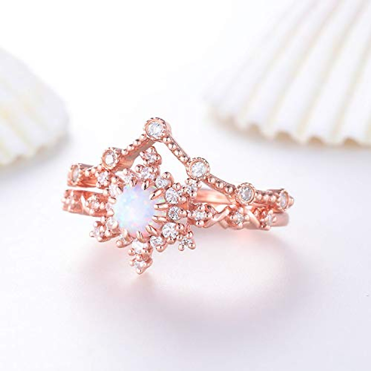 Round Cut Opal CZ Diamond Sterling Silver Rose Gold Women Engagement Wedding Bridal Statement Anniversary Ring Set White Gold Yellow Gold Promise Gift