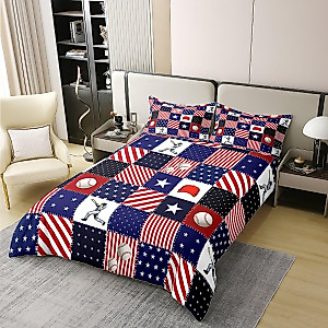 Castle Fairy Baseball Theme 100% Cotton Duvet Cover,Red Blue Geometric Stripe Check Breathable Comforter Cover,American Flag Stars Pattern Bedding Set 3 Pcs with Zipper Closure Queen Size