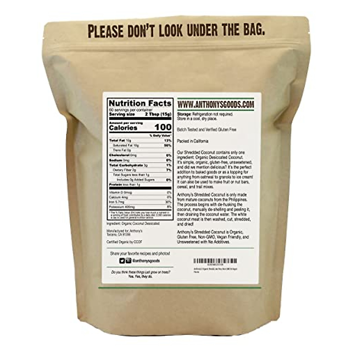 Anthony's Organic Shredded Coconut, 2 lb, Unsweetened, Gluten Free, Non GMO, Vegan, Keto Friendly