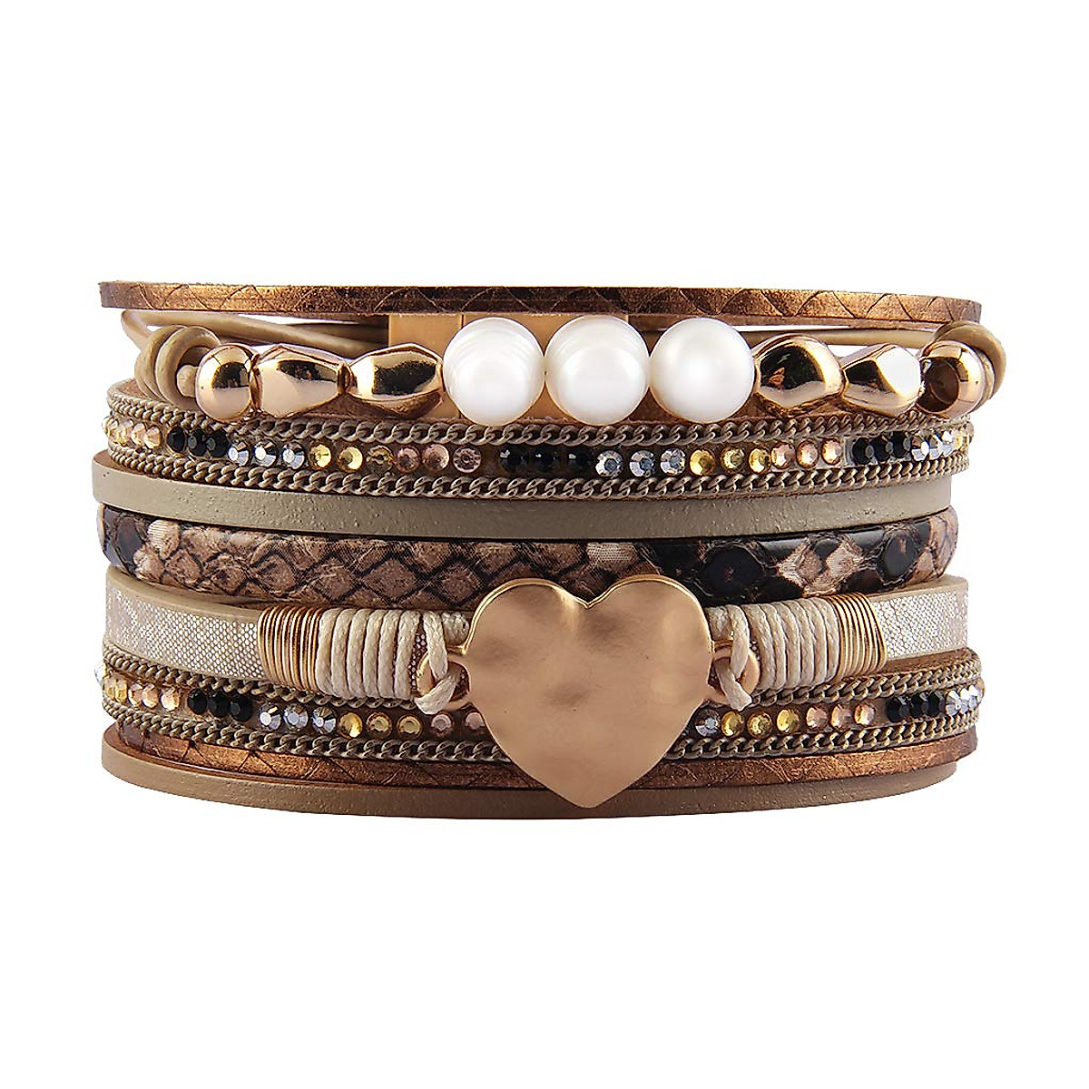 AZORA Leather Cuff Bracelet Multi Strands Beige Wrap Bangle with Pearl Boho Jewelry for Women Christmas Gift
