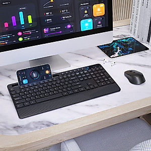 Veilzor Wireless Keyboard and Mouse Combo, 2.4GHz Lag-Free Ergonomic Keyboard Full-Size with Phone Holder & 10 Independent Shortcuts, Silent Mouse with 4 DPI for Computer, Desktop, Laptop