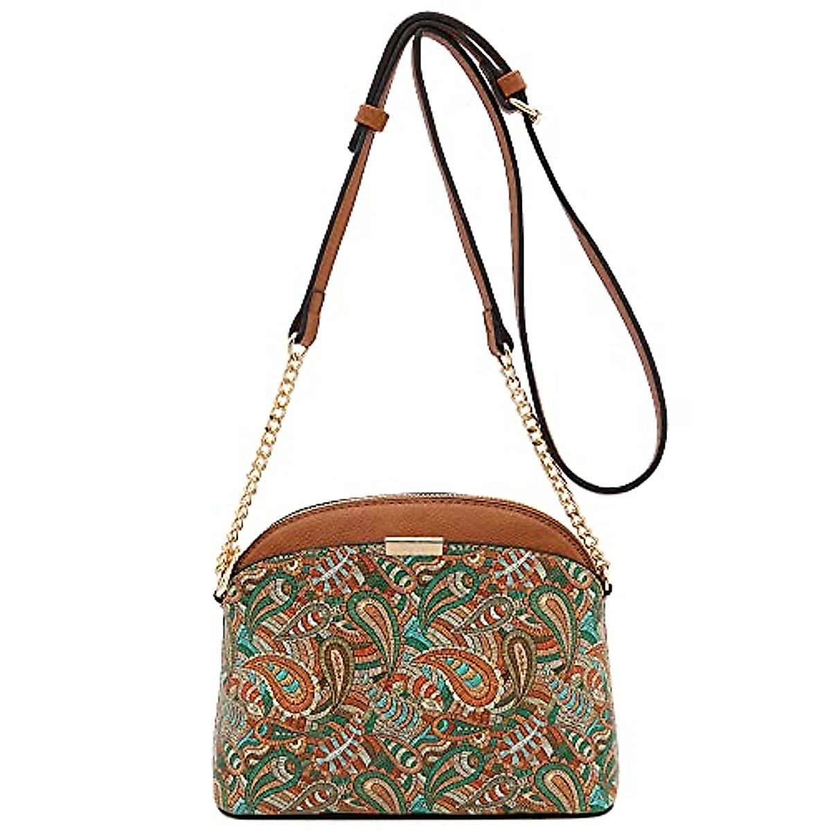 FashionPuzzle Paisley Print Small Dome Crossbody with Chain Strap (Tan/Tan)