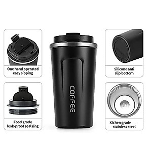 XENDER WORLD Coffee Travel Mug, 17 oz Insulated Tumbler Leakproof Lid Thermal Vaccum Mug Stainless Steel Double Wall Reusable Cup For Hot Cold Tea Drinks In Car Camping (Black)