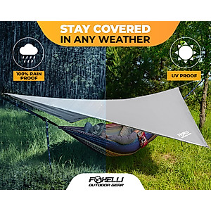 Foxelli Hammock Rain Fly - Waterproof Lightweight Tent & Hammock Rain Tarp for Camping, Backpacking w/Easy Setup Including Extra Long Guy Lines & Stakes