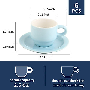 KOOV Porcelain Stackable Espresso Cups Set, Coffee Cups Set with Saucers and Metal Stand, 2.5 Ounce Coffee Cup Set of 6 (Pale Blue)