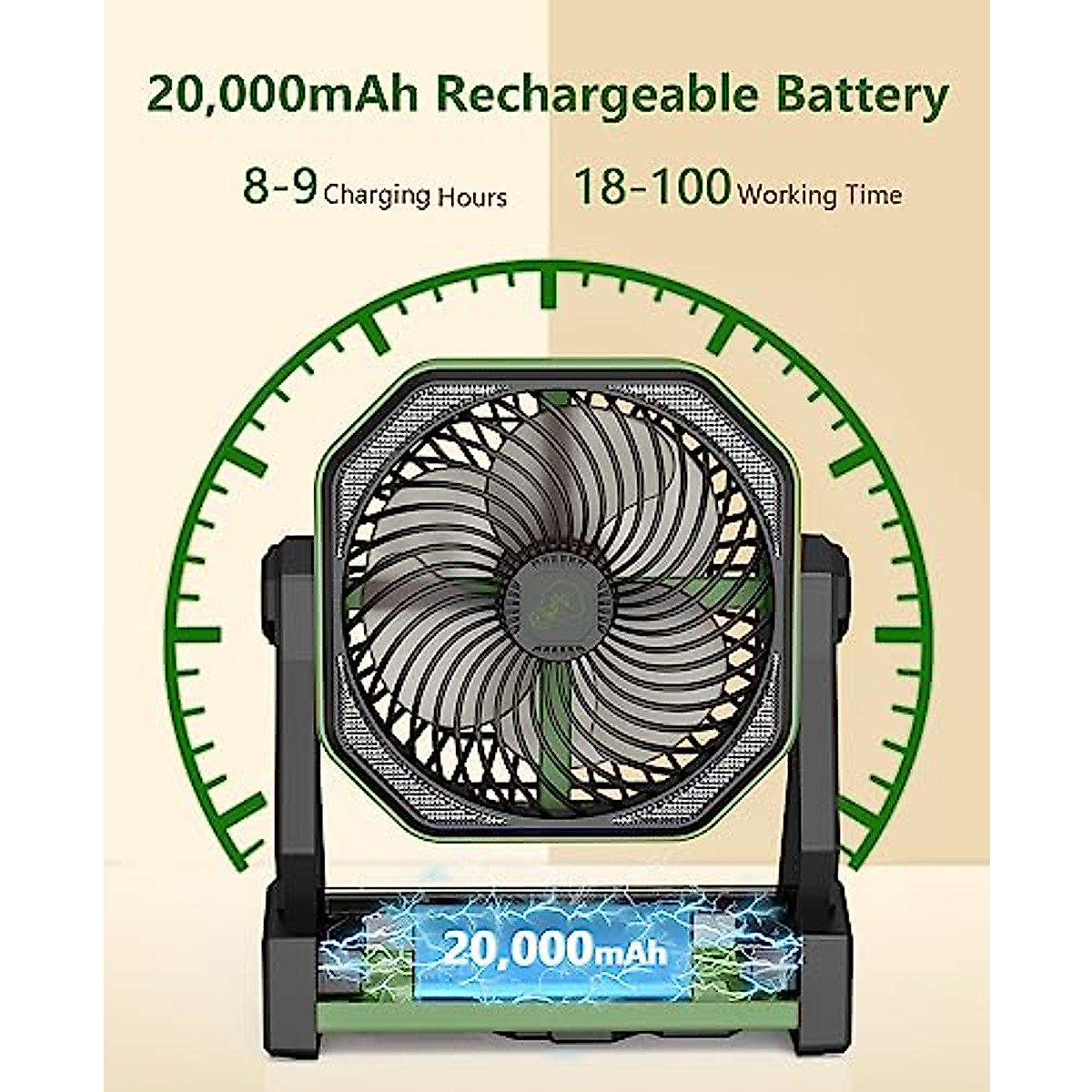 TDONE Camping Fan Portable Rechargeable Fan 20000mAh 8-Inch Battery Operated Fan with LED Lights & Hook, Personal Desk Fan for Home, Office, USB Battery Powered Fan for Tent, Camping, Fishing