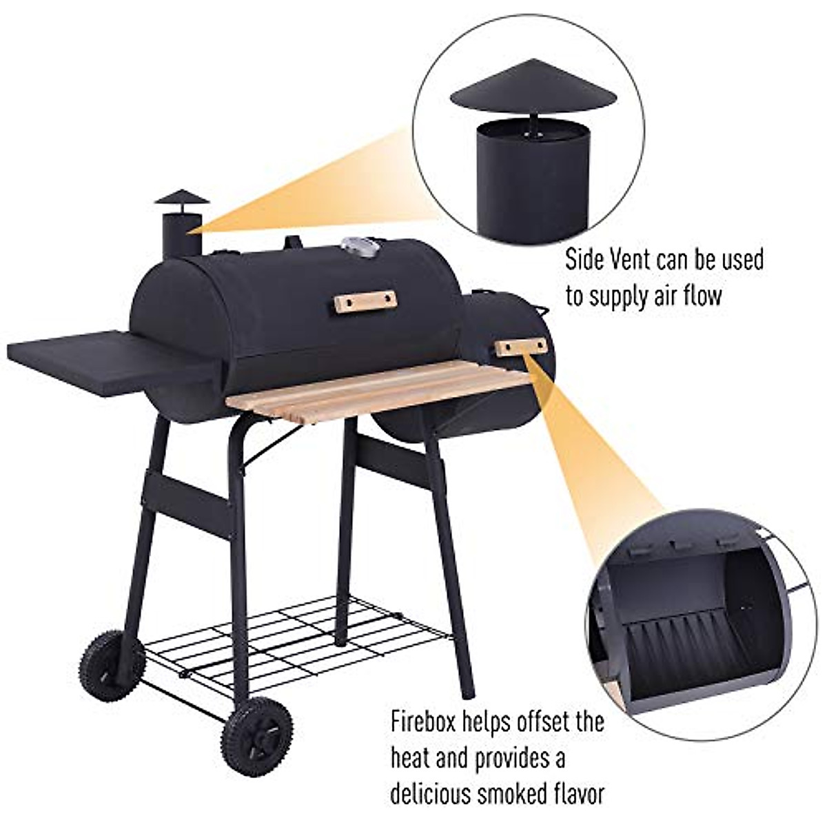 Outsunny 48" Steel Portable Backyard Charcoal BBQ Grill and Offset Smoker Combo with Wheels