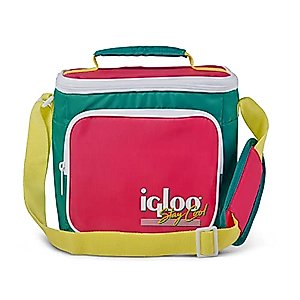 Igloo 90s Retro Collection Square Lunch Box Cooler with Front Pocket and Adjustable Strap, Neon