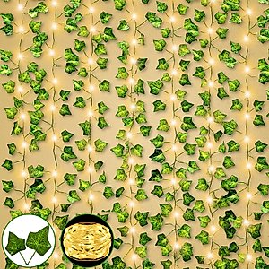 [ Timer ] Fake Ivy Vines 12 Pack 84Ft with 100 LED Vines with Lights Large & Small Thick Leaves String Lights Hanging Ivy Vines Lights for Bedroom Gardens Wedding Wall Room Decor