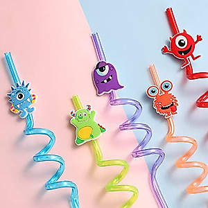 AFZMON 24 PCS Monster Drinking Straws Reusable Plastic Beverages Cocktail Straw with Cartoon Decoration for Kids Monster Party Supplies for Birthday Party Favors