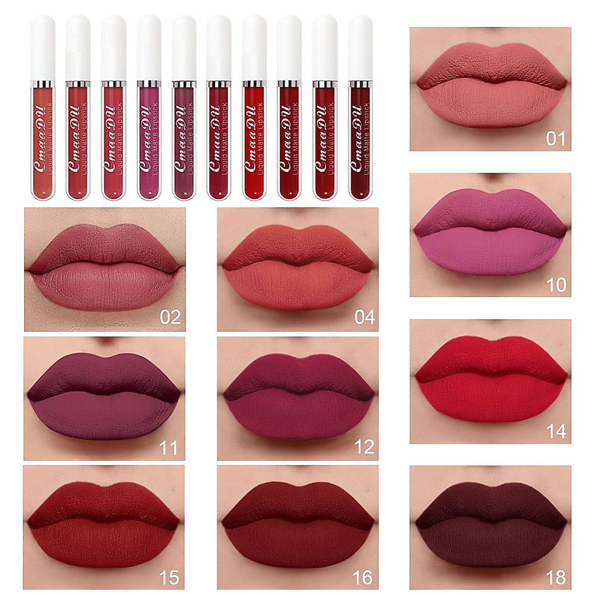 evpct CmaaDU 10Pcs Liquid Matte Matt Lipstick Set for Black Women, Dark Deep Bright Ruby Sexy Brick Mauve Plum Red Violet Purple Matte Lipstick Long Lasting Lipstick 24 hour Waterproof Lip Gloss Matte
