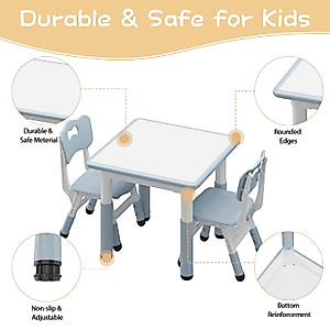 RONIPIC Height Adjustable Toddler Table and 2 Chairs Set with Graffiti Desktop, Kids Table and Chairs Set, Non-Slip Legs, Kids Activity Table for Home, Nursery, Blue