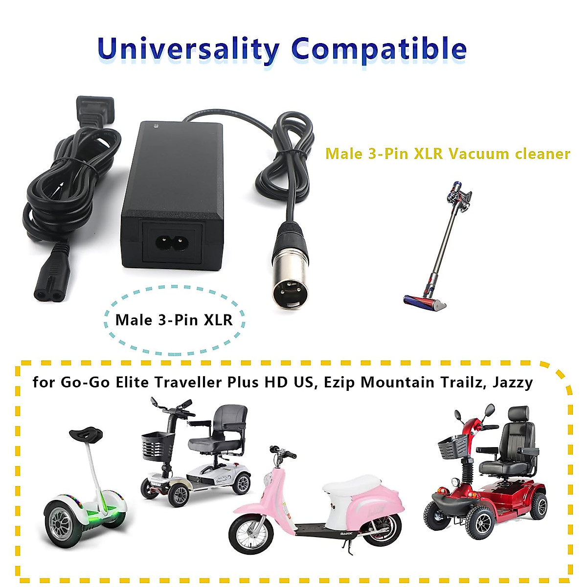 UAUSE 24V2A 3 pin XLR Electric Scooter Battery Charger Replacement for Drive Scout Mobility Razor Go Go Elite Traveller SC40E/SC44E, Ezip Mountain Trailz, Jazzy Electric Power Charger