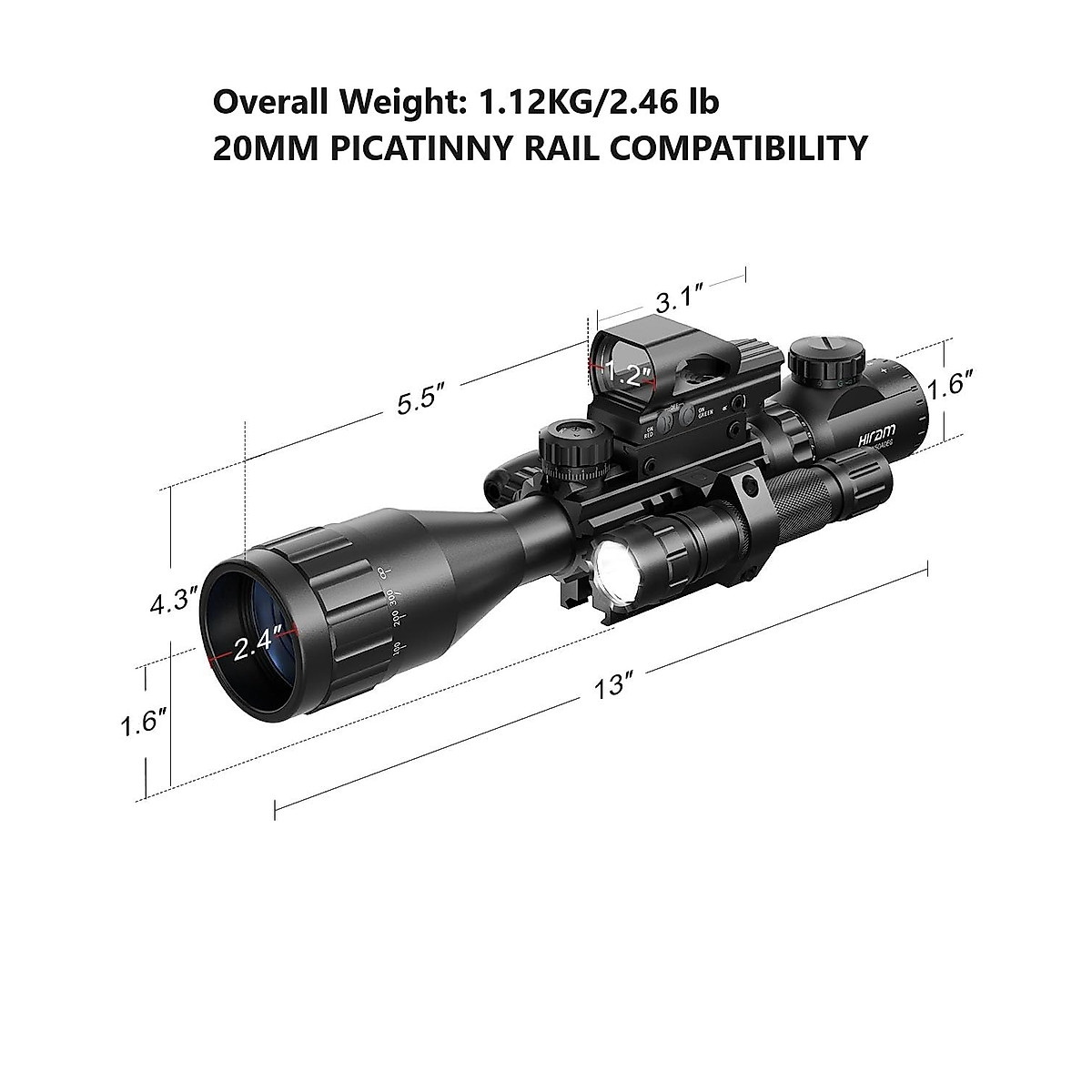 HIRAM 4-16x50 AO Rifle Scope Combo with Green Laser, Reflex Sight, and 5 Brightness Modes Flashlight