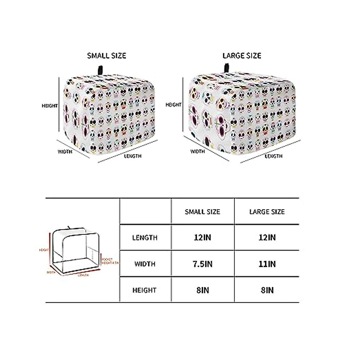Toaster Cover, 2 Slice Toaster Cover Halloween Sugar Skull Day of The Dead Pattern Kitchen Small Appliance Covers, Dust and Machine Washable Bread Maker Cover (12w X 7.5d X 8h)