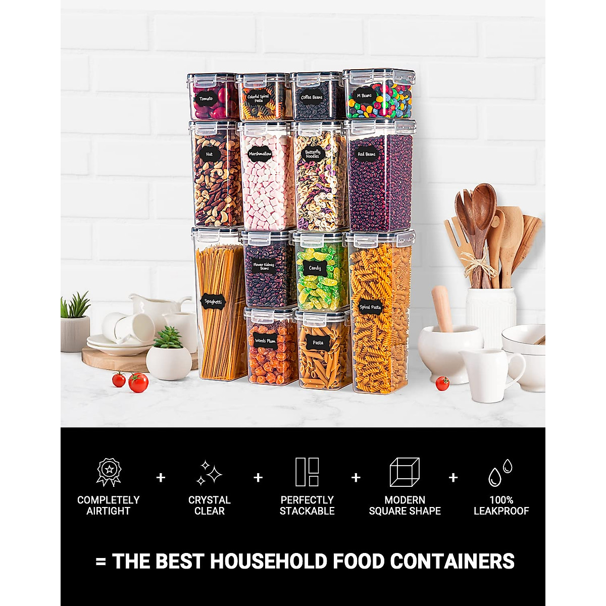 DMH [14 Pack] Airtight Food Storage Containers With Lids For Kitchen Organization And Storage Pantry Flour Sugar Pasta Dry Food Cereal Container - Free Labels Marker & Spoon Set