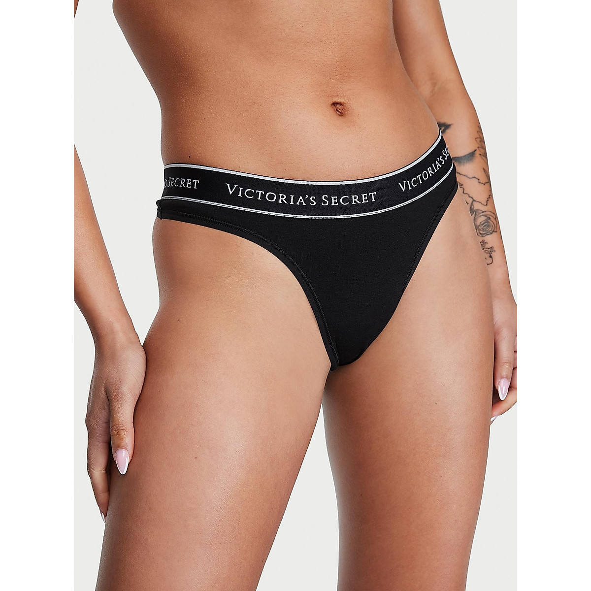 Victoria's Secret Cotton Logo Thong Panty Pack, Underwear for Women, 4 Pack, Black (S)