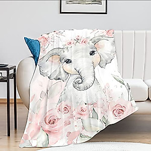 Baby Elephant Blanket Nursery Blankets Floral Elephant Decor Pink Throw Blanket Gifts for Girls Super Warm Soft Plush Lightweight Fleece Flannel Blanket Couch Bedding Blanket for Kids Women 50"x60"