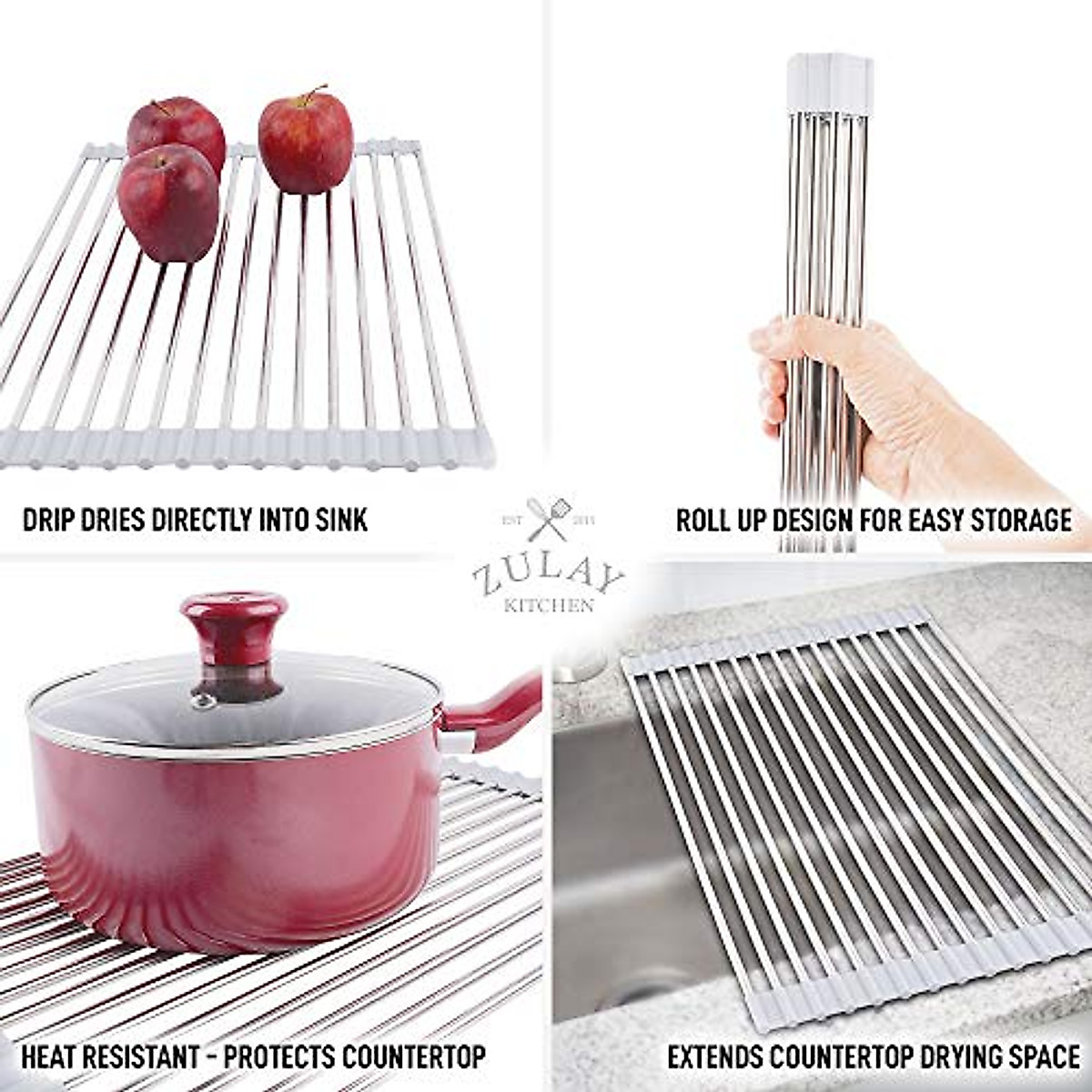 Zulay Kitchen 17.5" Multipurpose Roll Up Dish Drying Rack & Trivet - Heavy Duty, Silicone-Coated Stainless Steel Roll Up Rack, Rolls Out Over Any Sink - Versatile Roll Up Sink Drying Rack