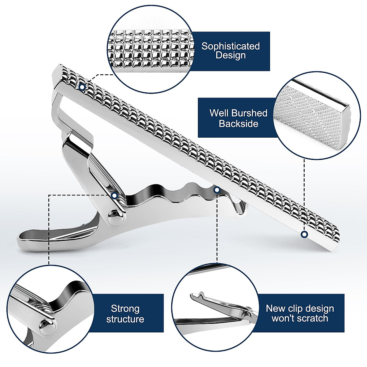 Tie Clips for Men Skinny Necktie in 1.5 Inch Tie Bars Set of 4 with Gift Box for Meeting and Dating wear(Silver)