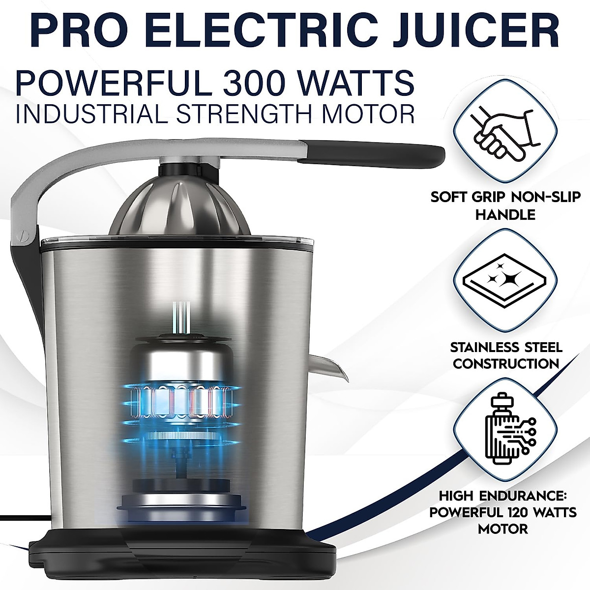 Eurolux Electric Citrus Juicer Power Pro - ELCJ-3000 - with 300 Watts of Power, This is The Most Powerful Juicer, for an Easy Smooth Juicing Experience | with Its New Updated Design
