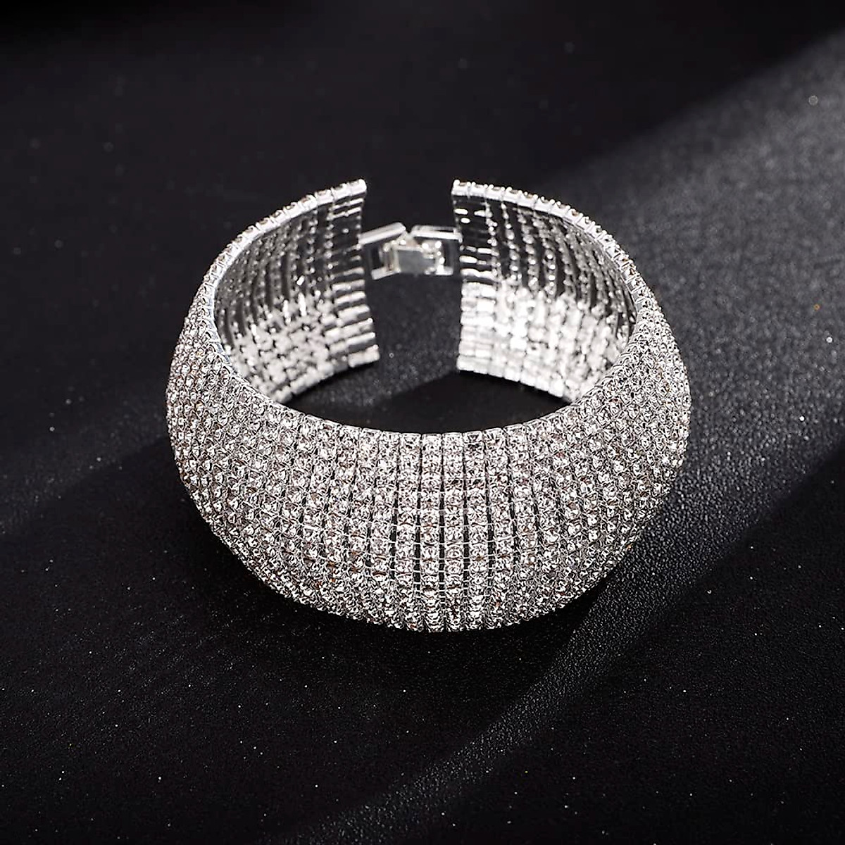 Denifery Crystal Rhinestones Cluster Wide Bangle Bracelet Rhinestone Stackable Stretch Bracelets for Women (Silver)