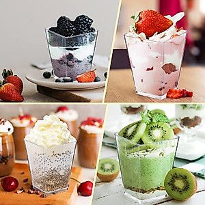 Eupako 50 Pack 5 oz Square Clear Plastic Dessert Cups Small Clear Plastic Tumbler Cups Great for Desserts, Appetizers, Puddings, Mousse and More