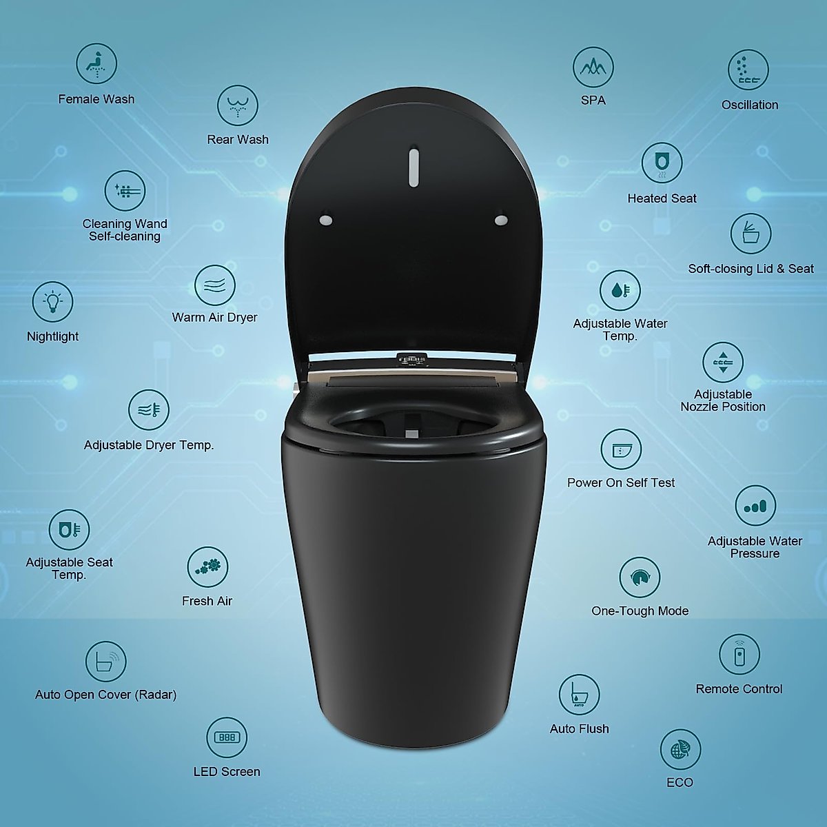 GIVINGTREE Black Smart Toilet with Auto Open Lid and Auto Flush, Modern Smart Tankless Instant Heating Toilet with Bidet Built in, Wireless RemoteControl and Smart Knob.