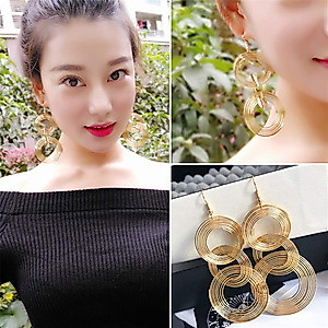 Women Gold Plated Long 70s Disco Earrings hoop round 3 circles Multi-layer drop big alloy geometric party wear Earring (disco earrings Gold)