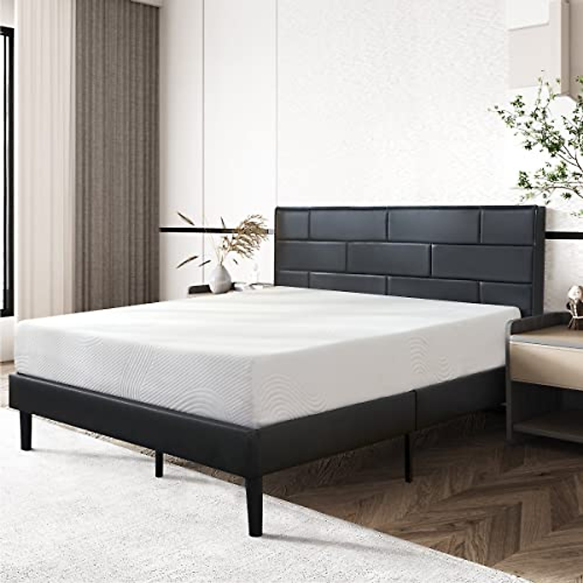 subrtex Twin Bed Frame with Headboard,Upholstered Faux Leather Mattress Foundation Platform with Solid Wood Slat Support,No Box Spring Needed,Noise-Free,and Easy Assembly Black
