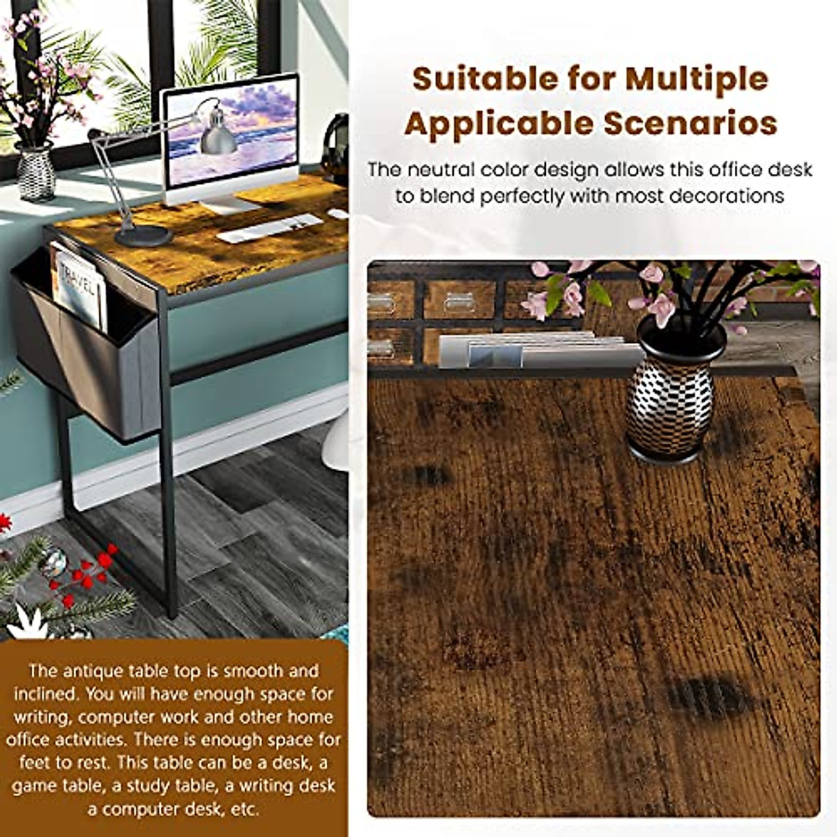 AWQM Computer Desk 39 Inch, Home Office Work Desk Laptop Desk with Side Bag, Study Writing Table Desktop Table with Iron Hook, Workstation for Small Spaces, Antique Brown