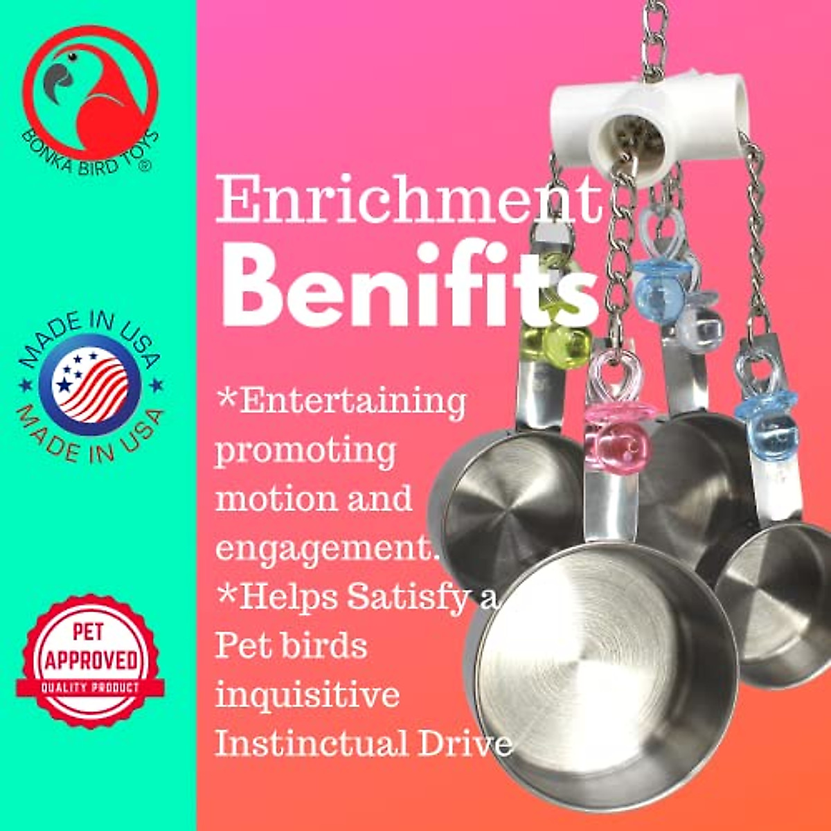 Bonka Bird Toys Clacker Colorful Durable Stainless Steel Pullable Parrot Macaw African Grey Cockatoo (Single Clacker, White)