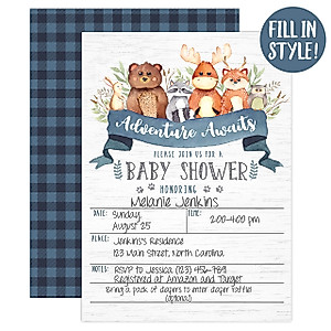 Blue Woodland Baby Shower Invitations, Forest Animal Baby Shower Invitations for Boy, Adventure Awaits Lumberjack with Bear, Moose, Raccoon, Deer, Baby Sprinkle, 20 Fill in Invitations and Envelopes