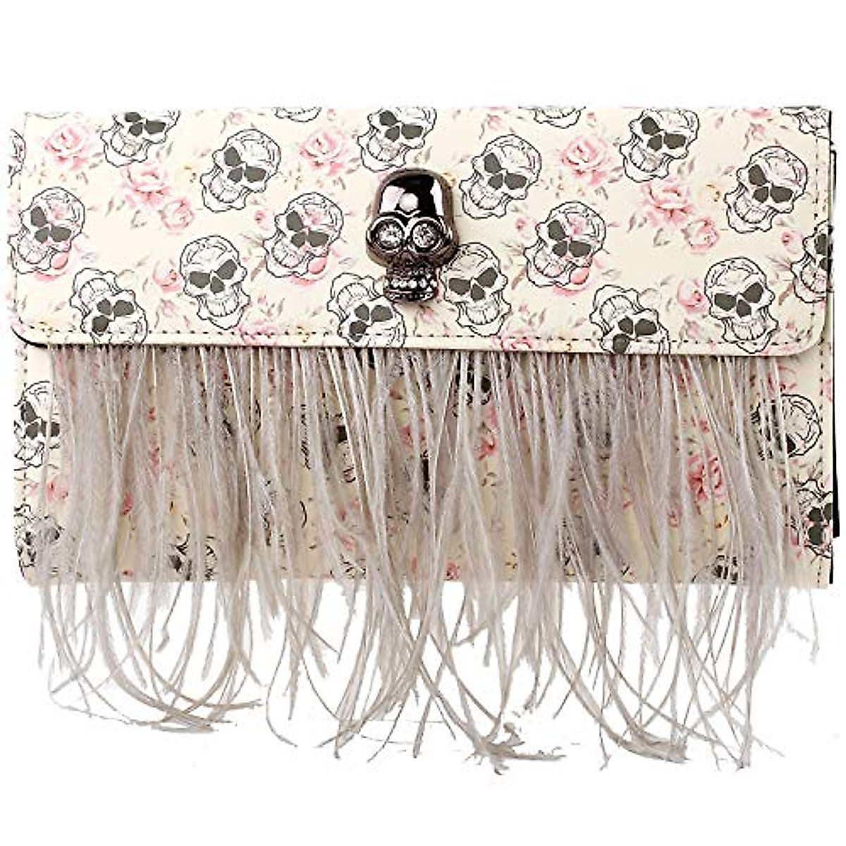 SHOW STORY Women's Girls Punk Beige Pink Rose Skull Feather Gems Design Fashion Outdoor Evening Clutch Handbag Bag,FB90024BG, Pink