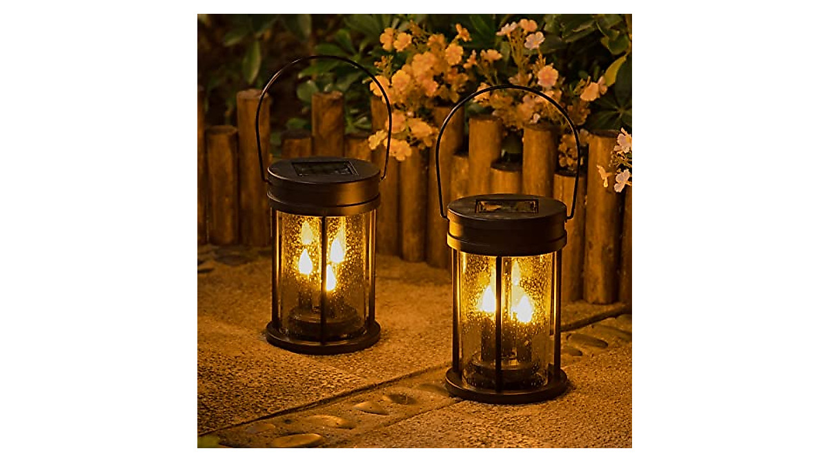 Solar Garden Lanterns - 2 Pack Outdoor Flickering Candle Lights