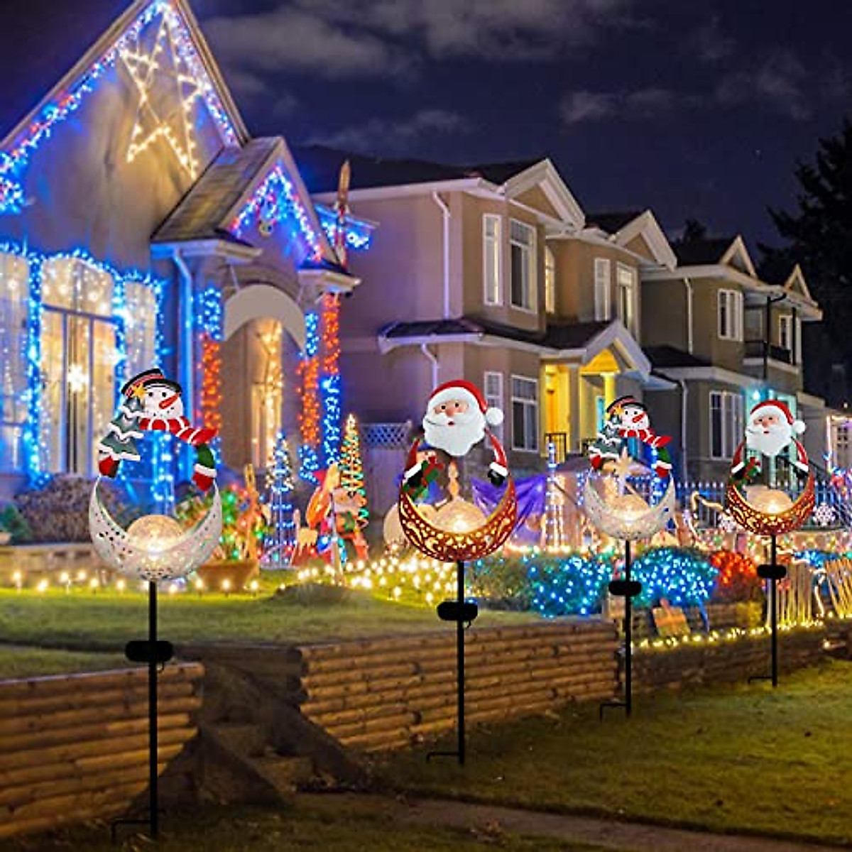 Solar Christmas Garden Stake Lights Santa Claus&Snowman Solar Christmas Decorations with LED Lights Outdoor Xmas Yard Pathway Lights Christmas Landscape Lights for Garden(2 PCS)